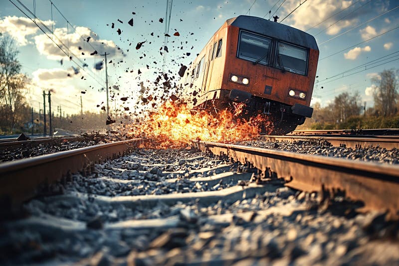 Train Crashing and Causing Fire and Destruction on Railway Stock Photo ...