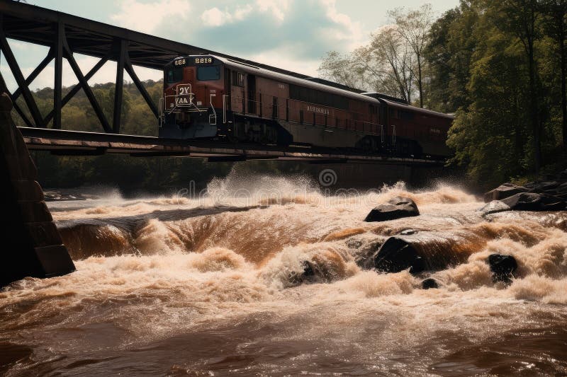 Train Crossing a Bridge Over a Rushing River Stock Illustration ...