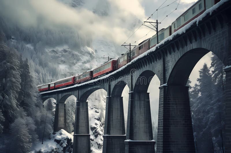 Train Crossing High Stone Bridge Stock Illustration - Illustration of ...