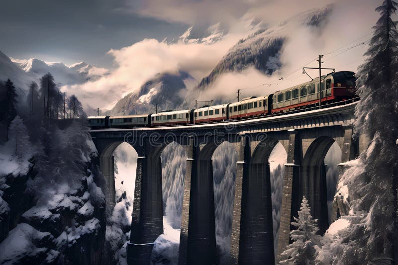 Train Crossing High Stone Bridge in Alpine Mountains Stock Illustration ...