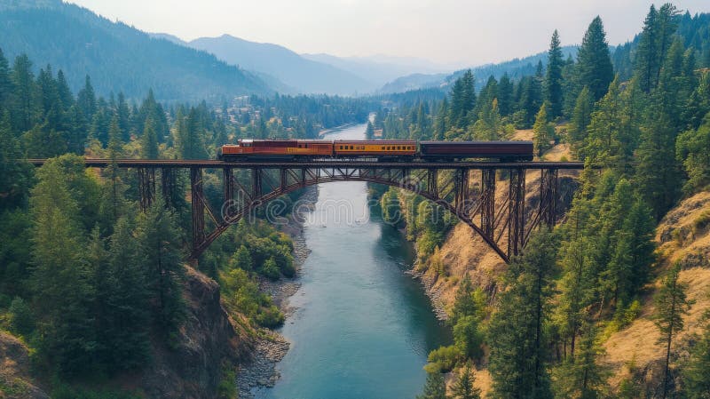 Train Crossing a Trestle Bridge Over a River in a Forest Stock ...
