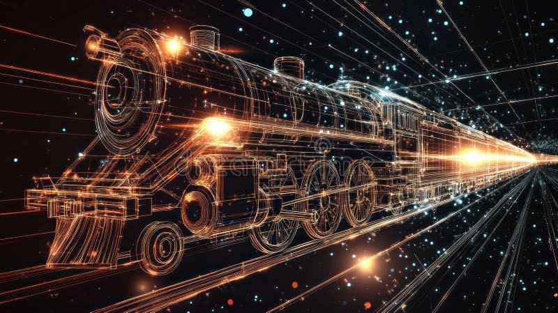 A Digital Rendering of a Steam Locomotive Styled with Bright, Glowing ...