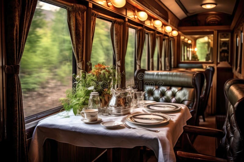 Train Dining Car with Rustic Table Setting Stock Illustration ...