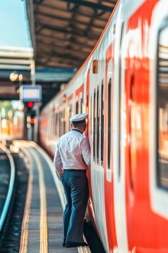 Train Driver Boarding Modern Passenger Express Train on Platform Stock ...
