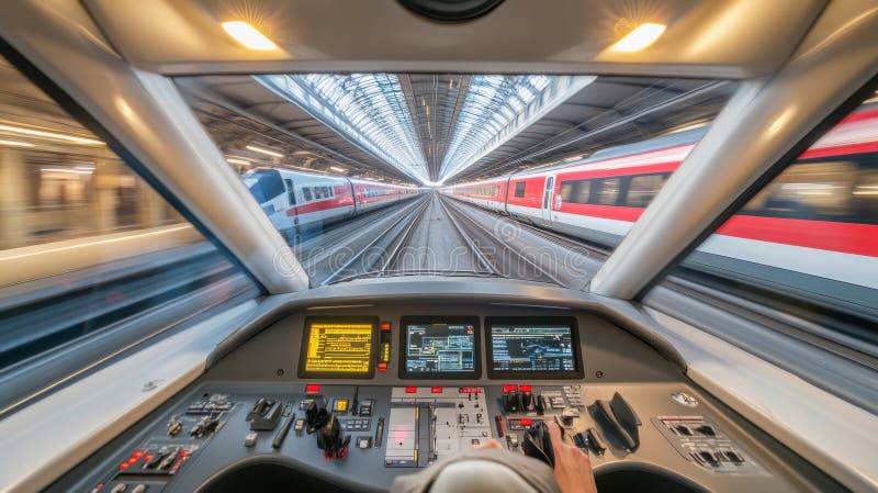 Train Driver Driving Modern High Speed Train through Station Passing ...