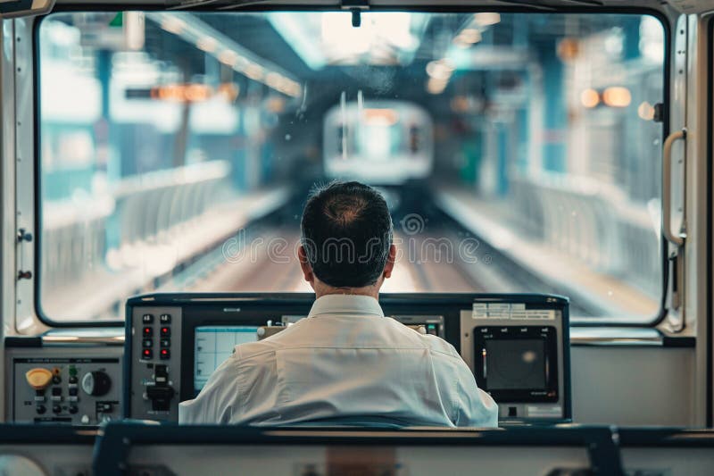 Train Driver Focused on the Track, Viewed from Behind Inside the Train ...