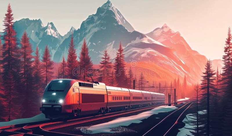 A Train Driving Along Tracks in Canadian Forest with Mountains in ...