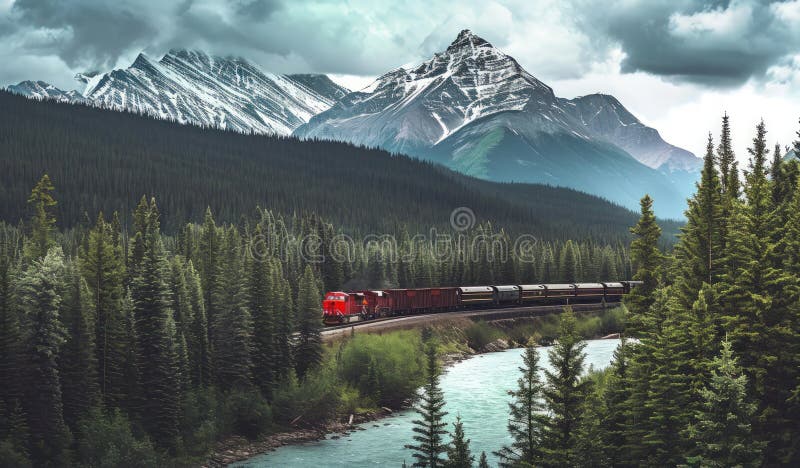 A Train Driving Along Tracks in Canadian Forest with Mountains in ...