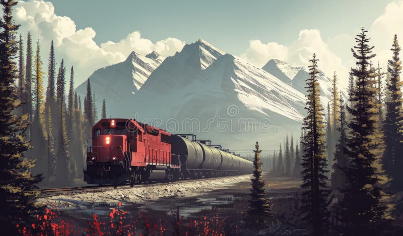 A Train Driving Along Tracks in Canadian Forest with Mountains in ...