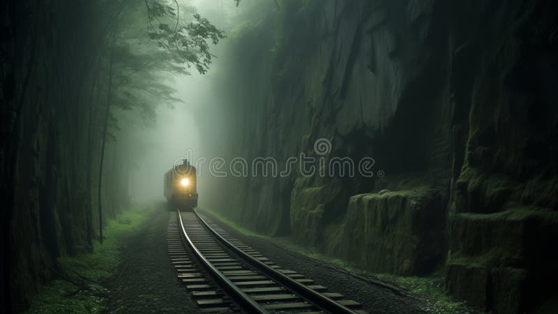 Train Emerging from Fog Along a Forested Mountain Track Stock ...