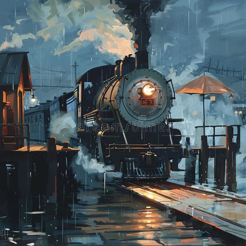 Train Engine Arrives at Dock with Umbrella Stock Illustration ...