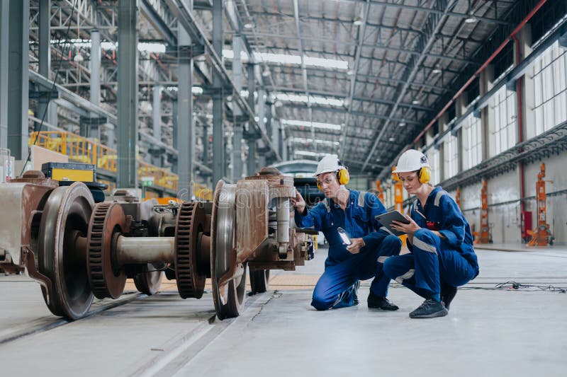 Train Engineer Working Check Inspecting Railway Track at Train Station ...