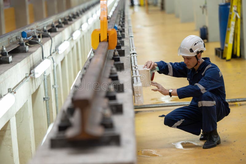 Train Engineer Working Check Inspecting Railway Track at Train Station ...
