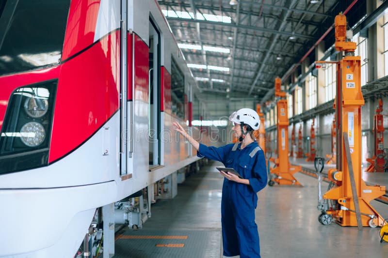 Train Engineer Working Check Inspecting Railway Track at Train Station ...