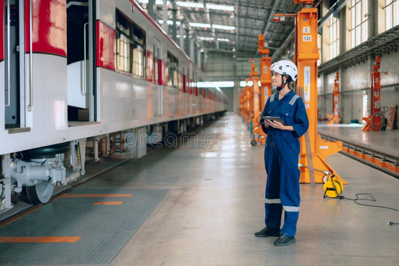 Train Engineer Working Check Inspecting Railway Track at Train Station ...