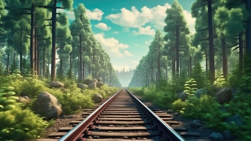 Train with Forest Trees Along a Railroad, Train Travels, Trees Along ...