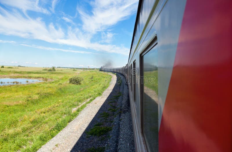 Train Goes by Rail in Summer Day Stock Photo - Image of drive, multiple ...
