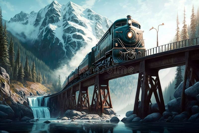 The Train is Going Over the Bridge There are Big Mountain. Generative ...