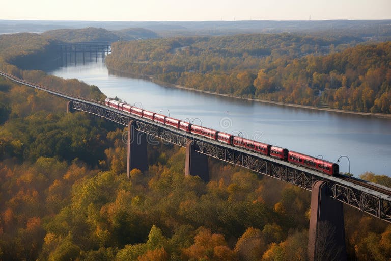 Train Going Over Bridge, with View of the River Below Stock ...
