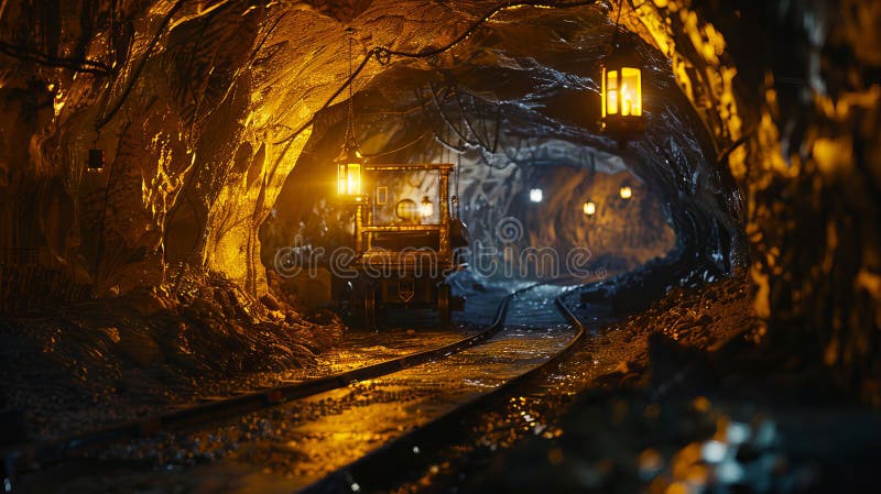 A Train Going through a Tunnel in a Mine at Night Stock Image - Image ...