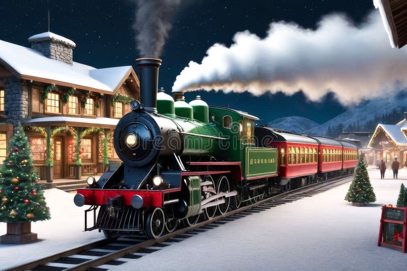 A Train with a Green Engine and Red Cars is Pulling a Train Car Stock ...