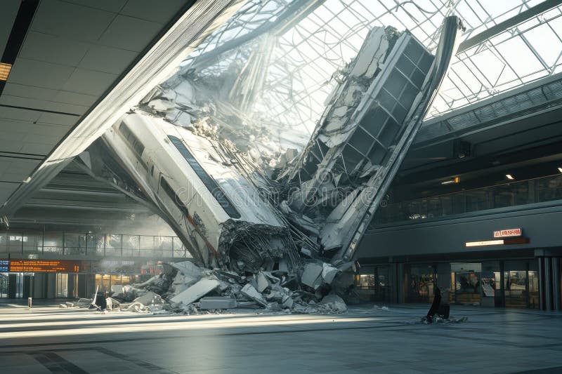 A Train Has Crashed into a Station, Causing a Lot of Damage Stock ...