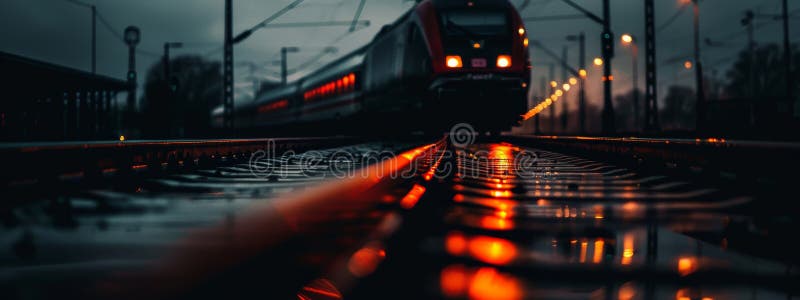 A Train, Illuminated by Its Lights, Sits on a Rain-soaked Train Track ...