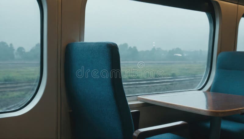Train Interior with Empty Seat and Table, Overlooking Scenic View on a ...
