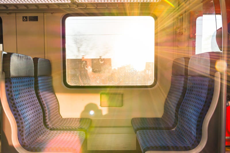 Train Interior Sun Rays Morning Sunrise Seats Inside Traveling V Stock ...