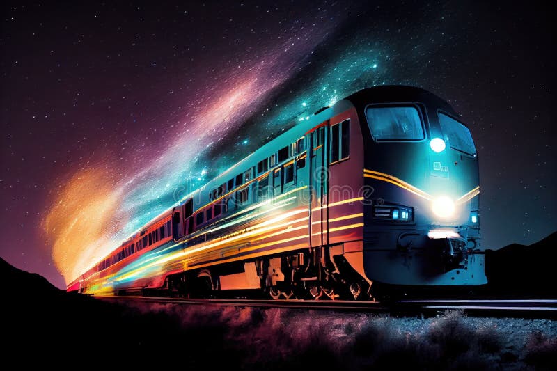 A Train, with Its Lights and Windows Shining Bright, Speeding Past the Night Sky Stock ...