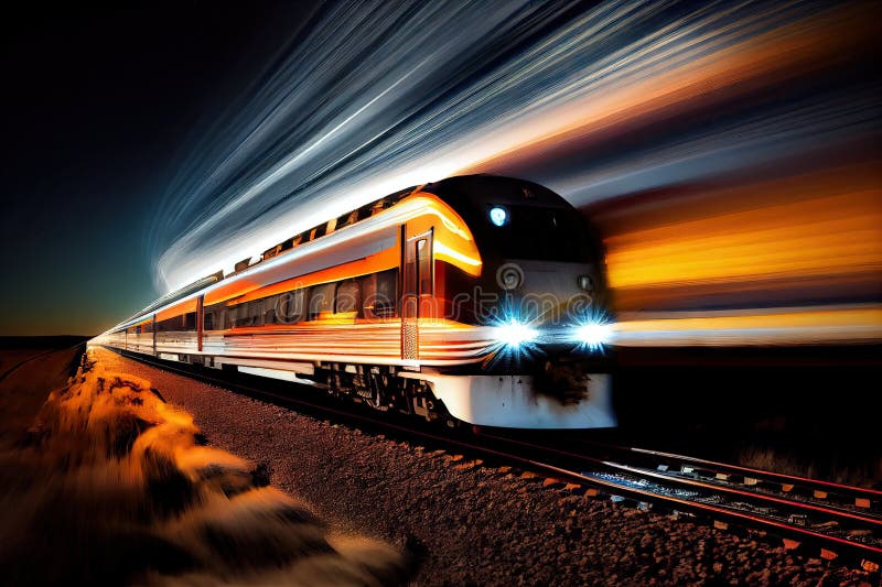 A Train, with Its Lights and Windows Shining Bright, Speeding Past the Night Sky Stock ...