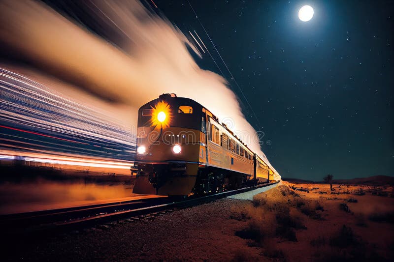 A Train, with Its Lights and Windows Shining Bright, Speeding Past the ...