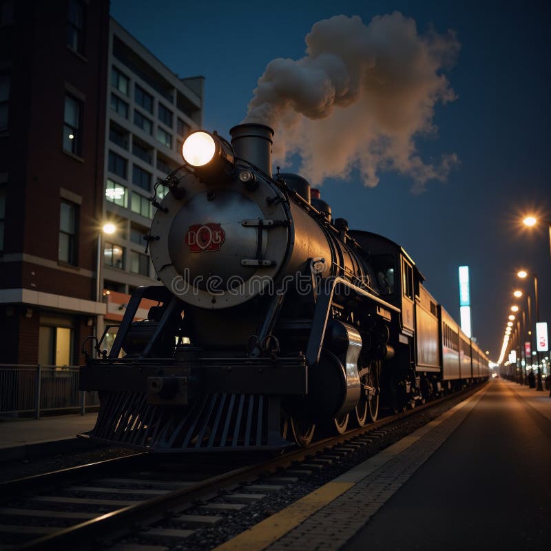 Train Journeys through Cityscape at Night on Tracks Stock Illustration ...