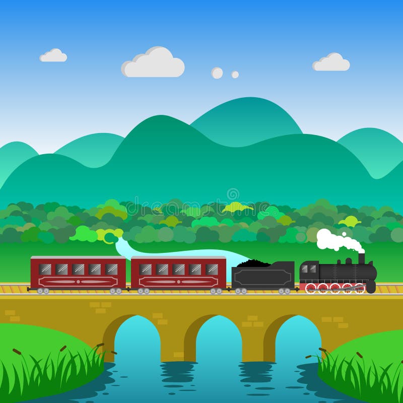 Train Landscape Mountains Hills Forest River Stock Illustration ...
