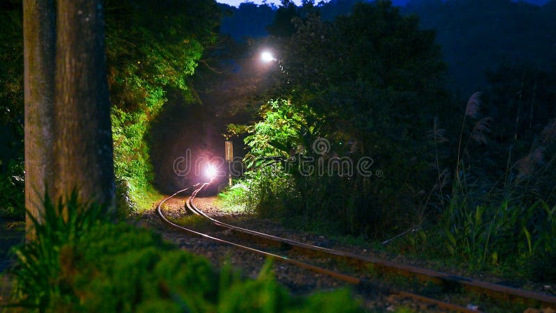The Train with the Lights on is Running through the Mountains and ...