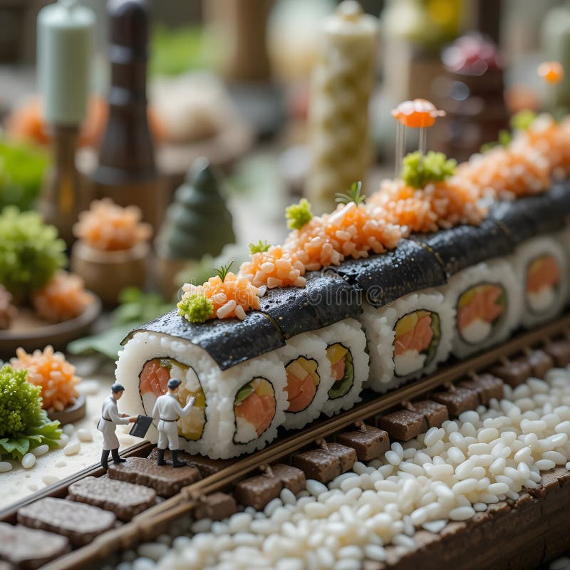 A Train Made of Sushi and Sushi Rolls are Displayed Food Stock Image ...