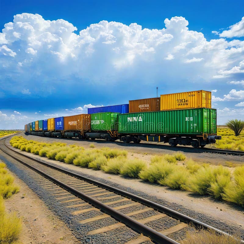 A Train with Many Cargo Containers on the Side of the Tracks in a ...