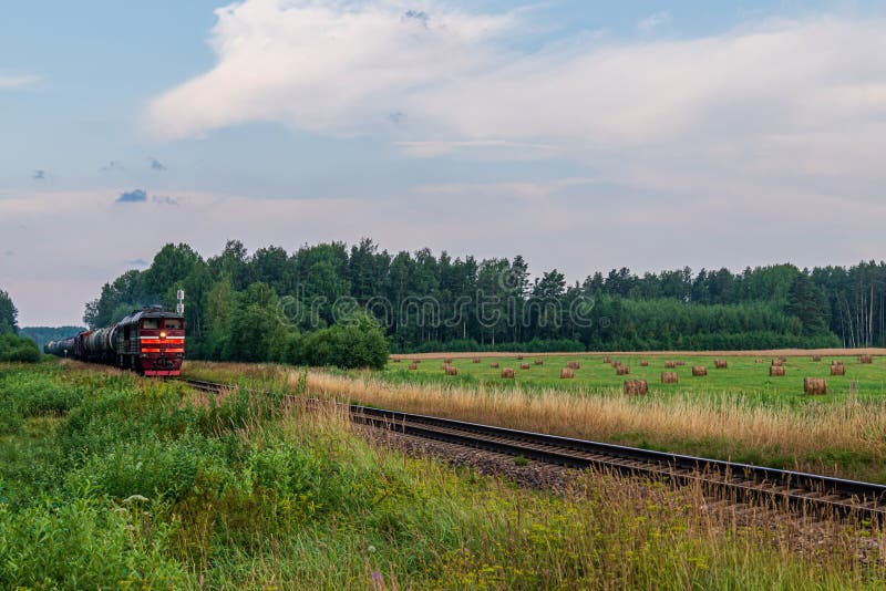 A Train with Many Carriages Passes through a Meadow Stock Image - Image ...