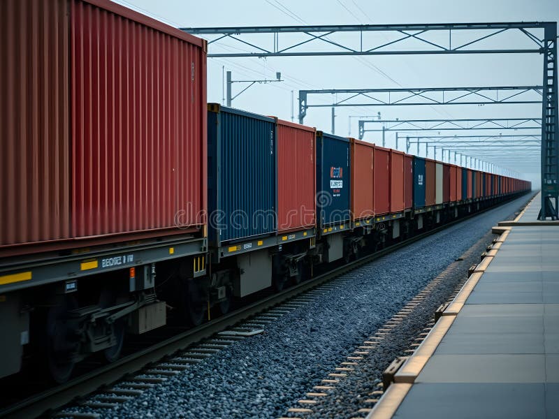 A Train with Many Red and Blue Containers on it Stock Illustration ...