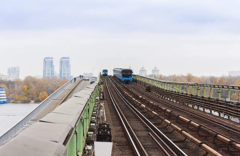 Train on Metro Subway Bridge Over the River Dnieper, Kiev, Ukraine ...