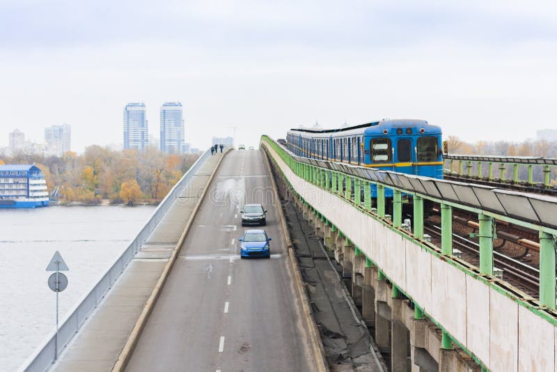 Train on Metro Subway Bridge Over the River Dnieper, Kiev, Ukraine ...