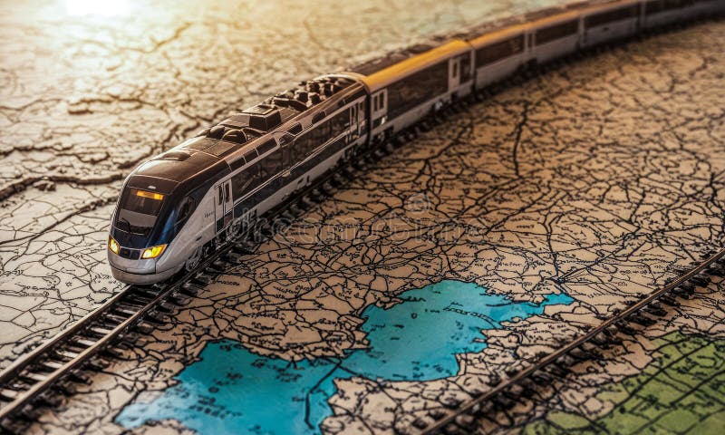 Train Model on Map , Rail Transportation or Train Journey. Increase in ...