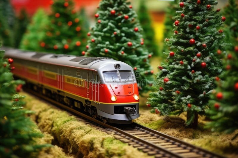 Train Model Surrounded by Pine Trees and Christmas Decorations Stock ...