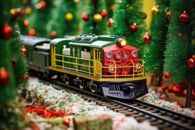 Train Model Surrounded by Pine Trees and Christmas Decorations Stock ...
