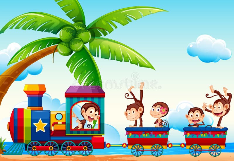 Monkey On Train In The Jungle Stock Illustration - Illustration of ...