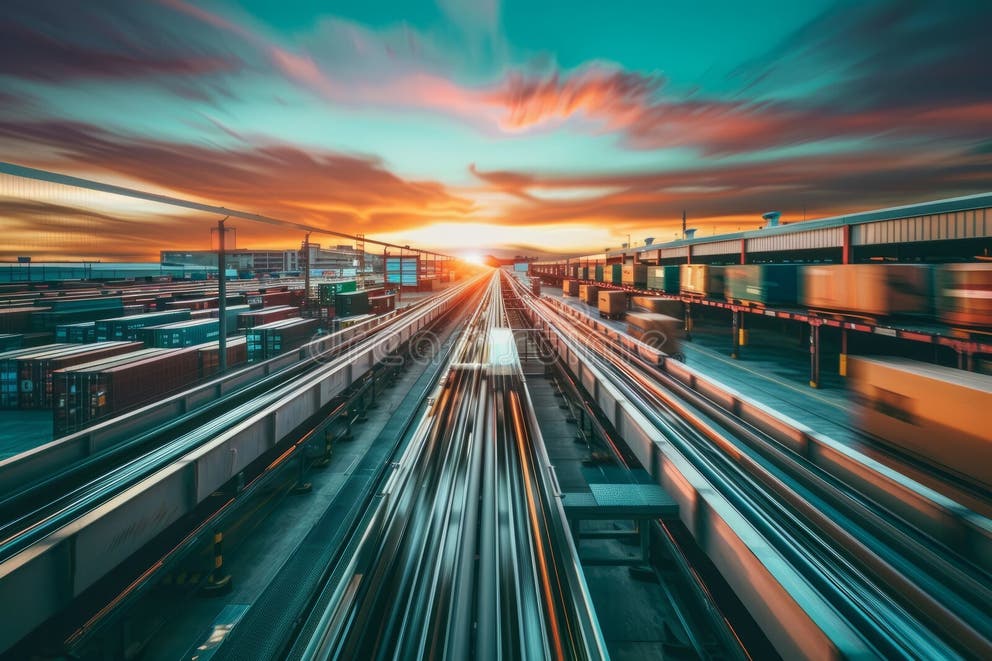 A Train in Motion Passes through a Bustling Train Station during Sunset ...