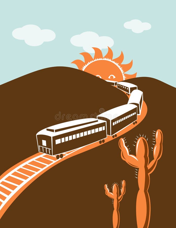 Train and Mountain with Cactus Stock Vector - Illustration of retro ...
