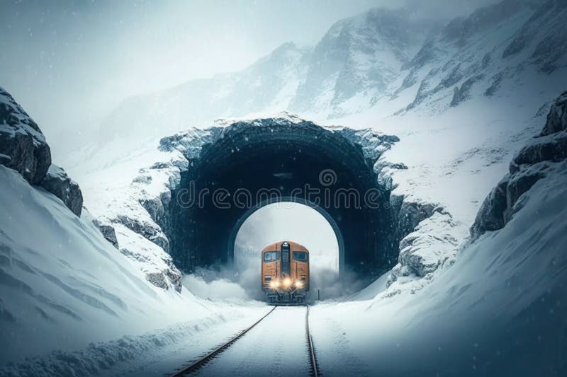 The Train Moves into the Tunnel in the Mountains Stock Illustration ...