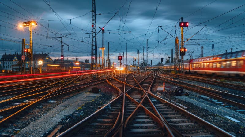 A Train Moving Along Train Tracks Under a Cloudy Sky Stock Photo ...