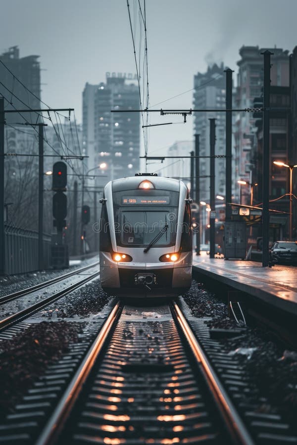 A Train Moving Along Urban Train Tracks, Suitable for Use in Urban or ...